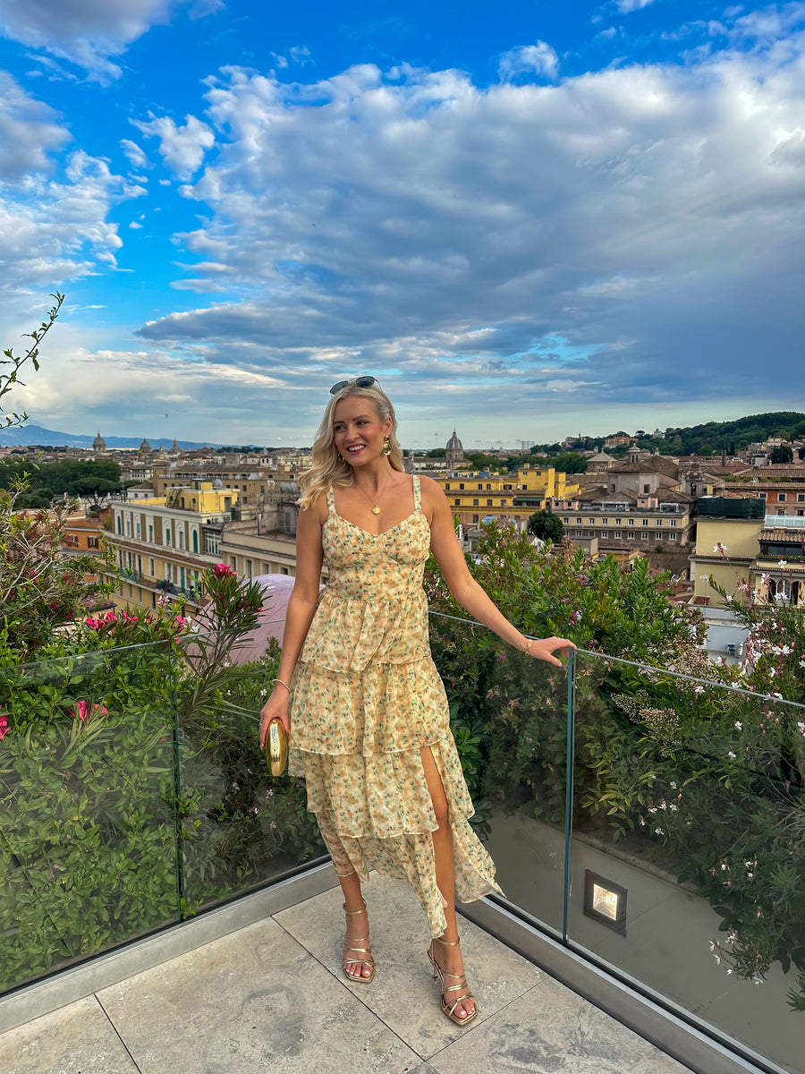 Puglia yellow tiered floral ruffle maxi dress – azura rose