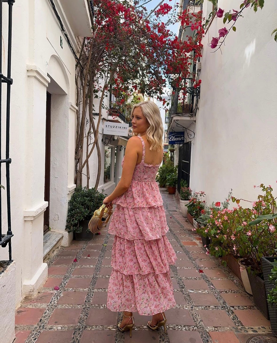 Puglia pink tiered floral ruffle maxi dress – azura rose
